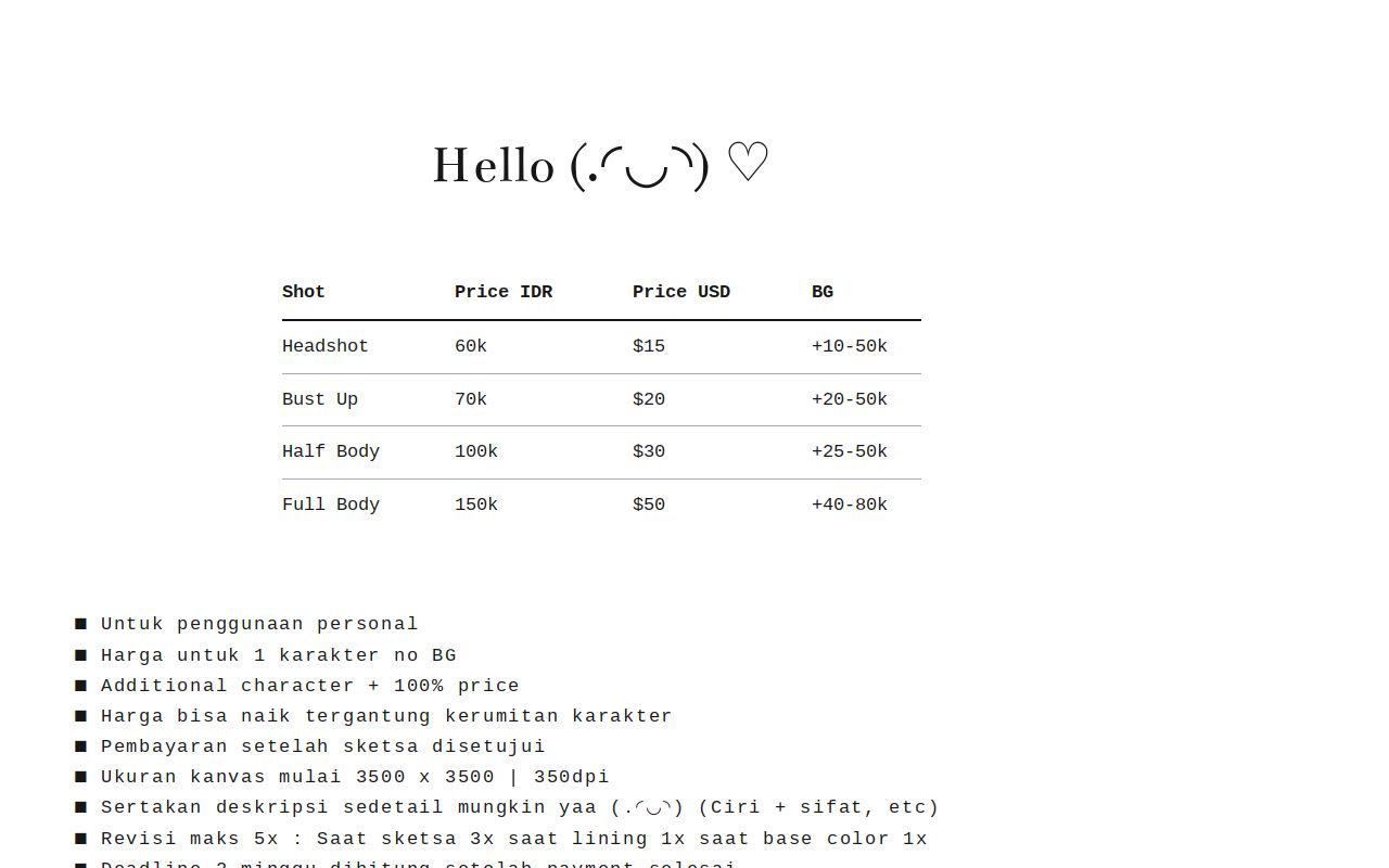Onelijen Commission Pricelist